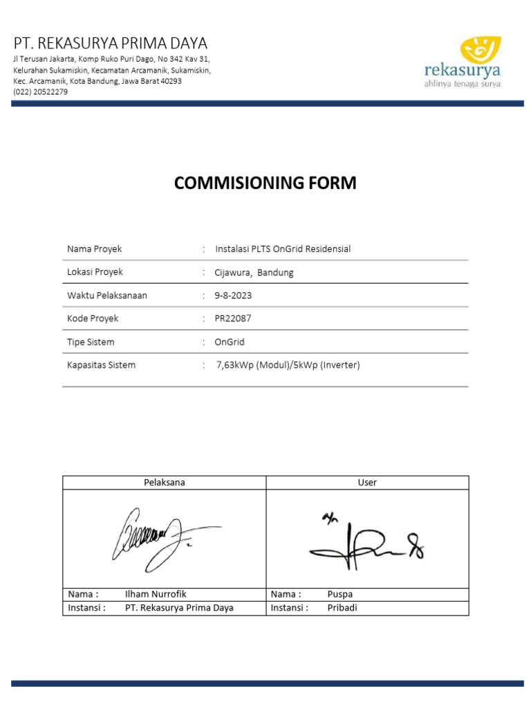 Form Commisioning Cijaura All | PDF