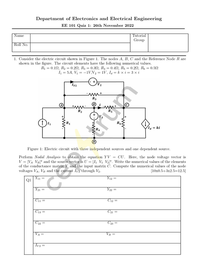 Quiz 1 Question | PDF | Electrical Network | Matrix (Mathematics)