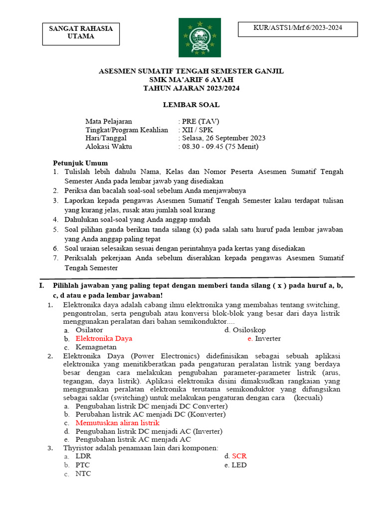 Form Soal Asts Ganjil Pre Xii 2023 2024 | PDF