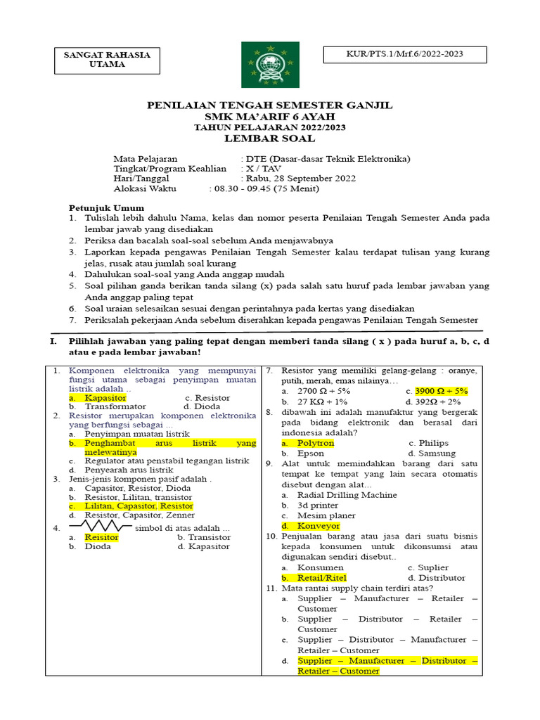 Form Soal Pts Ganjil Dte 2022 2023 | PDF