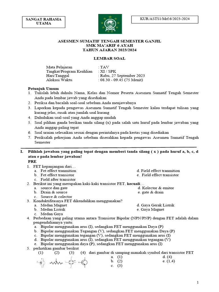 Form Soal Asts Ganjil Pre Xi 2023 2024 Kirim | PDF