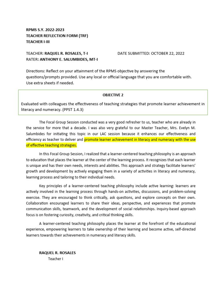 Teacher Reflection on Learner-Centered Strategies | PDF | Career ...