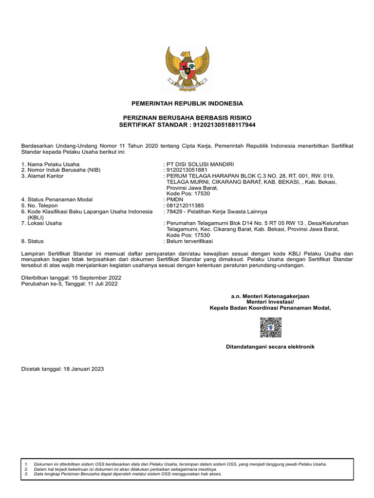 Contoh KBLI 78429-PJK3 PEMBINAAN PT. Disi Solusi Mandiri | PDF