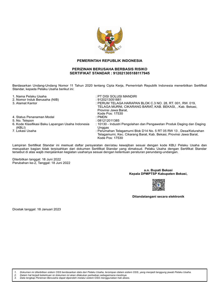 Contoh STANDAR KBLI 10130 Yang Sudah Efektif | PDF