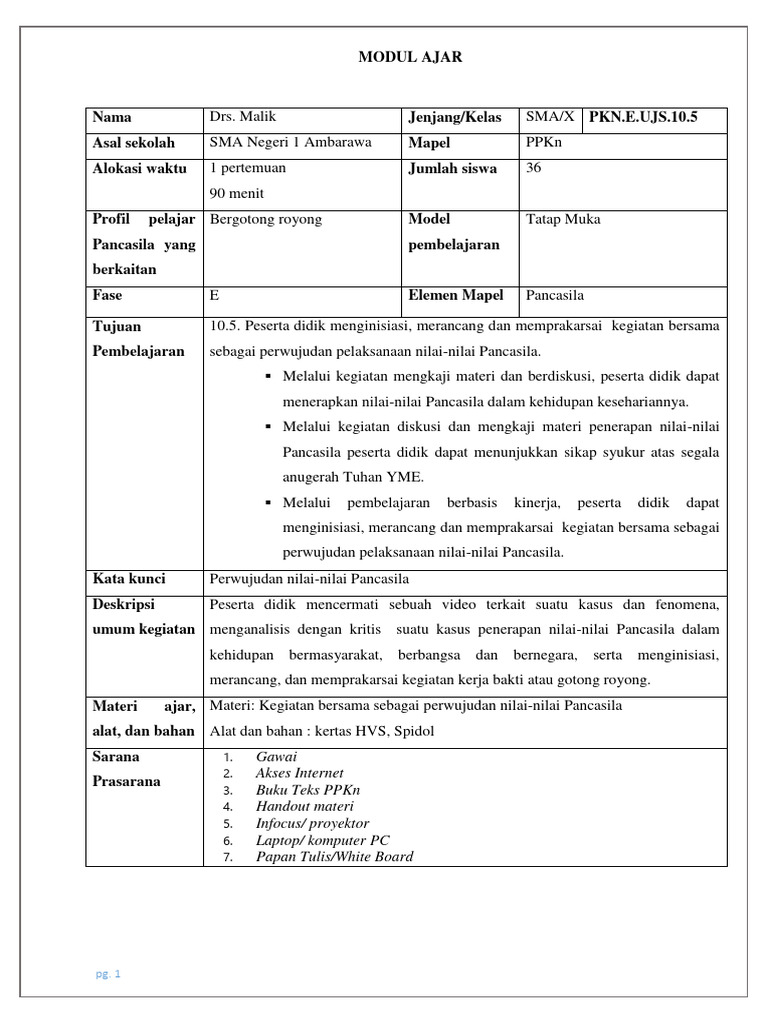 Modul Ajar PPKN KLS X Tahun Ajaran 2022-2023 ML | PDF