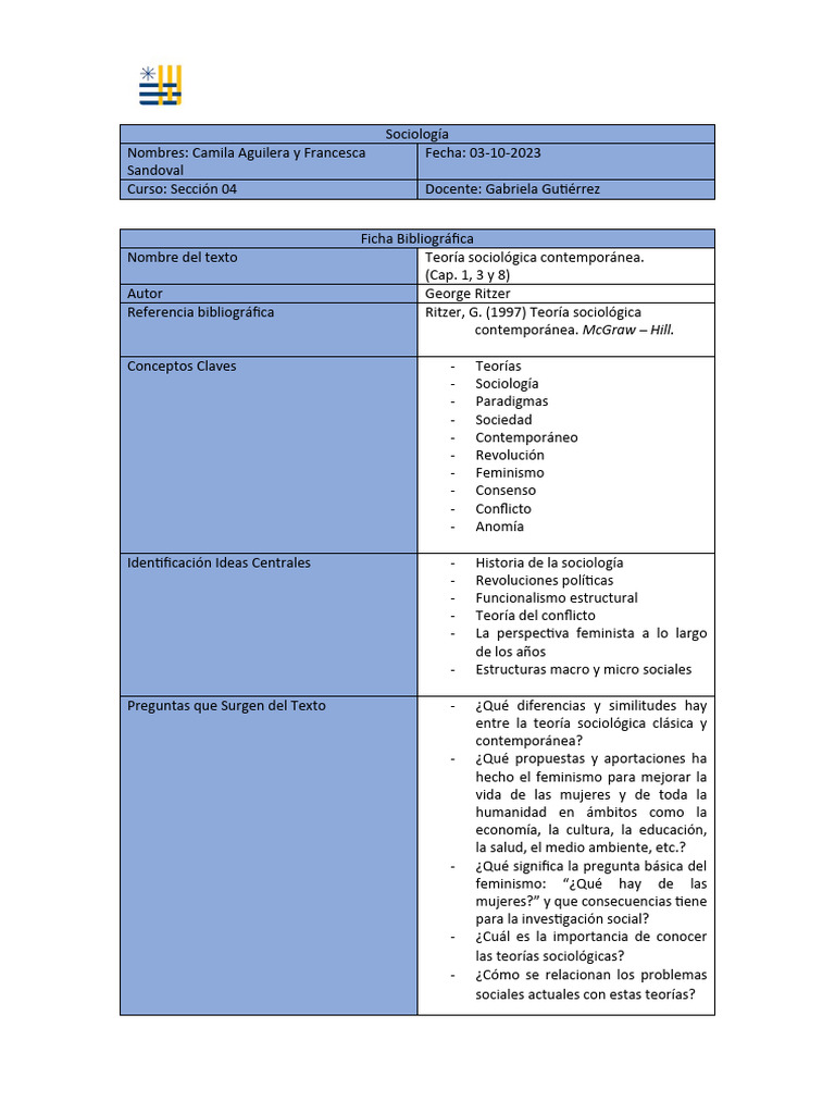 Sociología Ficha de Lectura Teoría Sociologica Contemporánea Francesca ...
