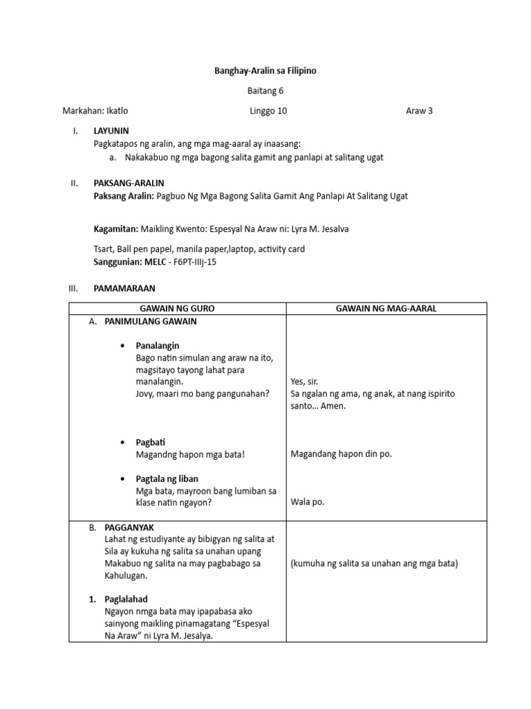 lesson plan filipino | PDF