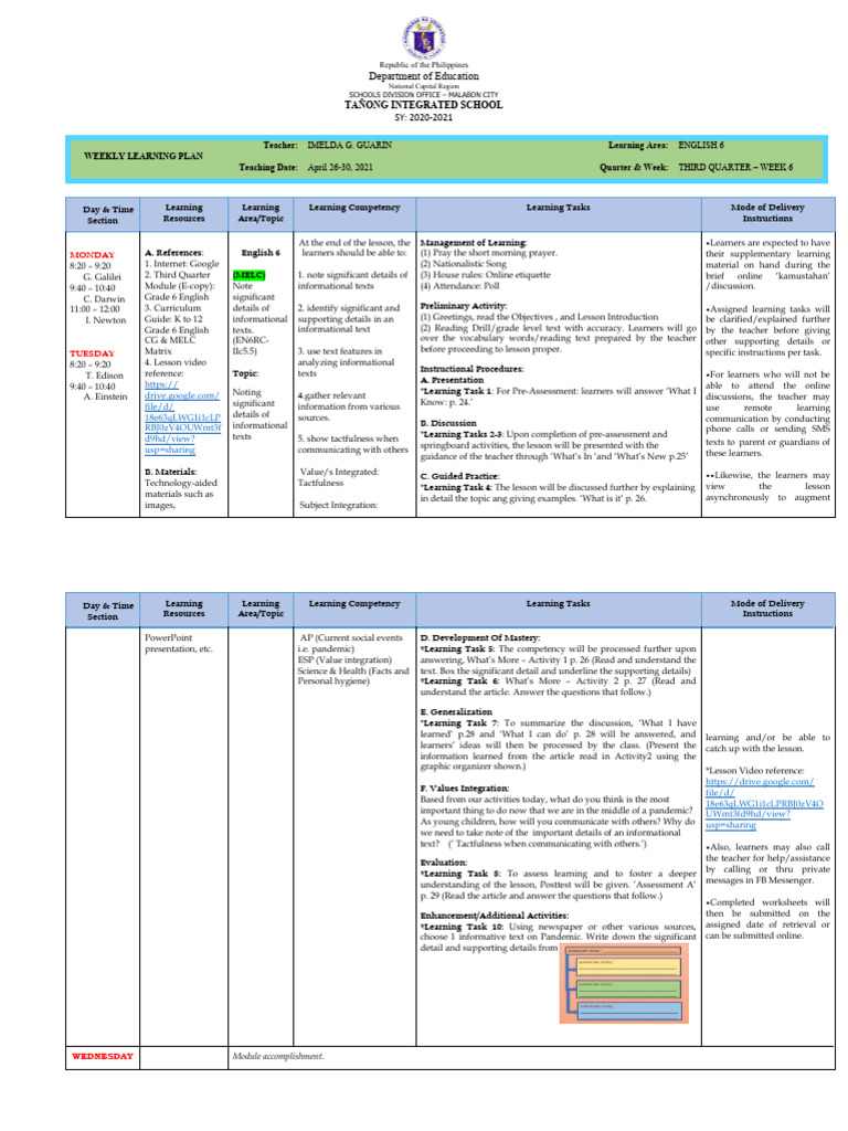 WHLP detailed | PDF | Learning | Teachers