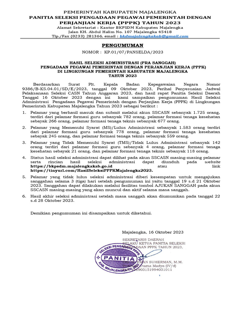 Pengumuman Hasil Seleksi Administrasi (Pra Sanggah) PPPK Kab Majalengka Tahun 2023 | PDF