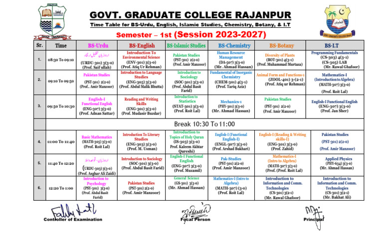 BS First Semester Timetable 2023-2027 | PDF