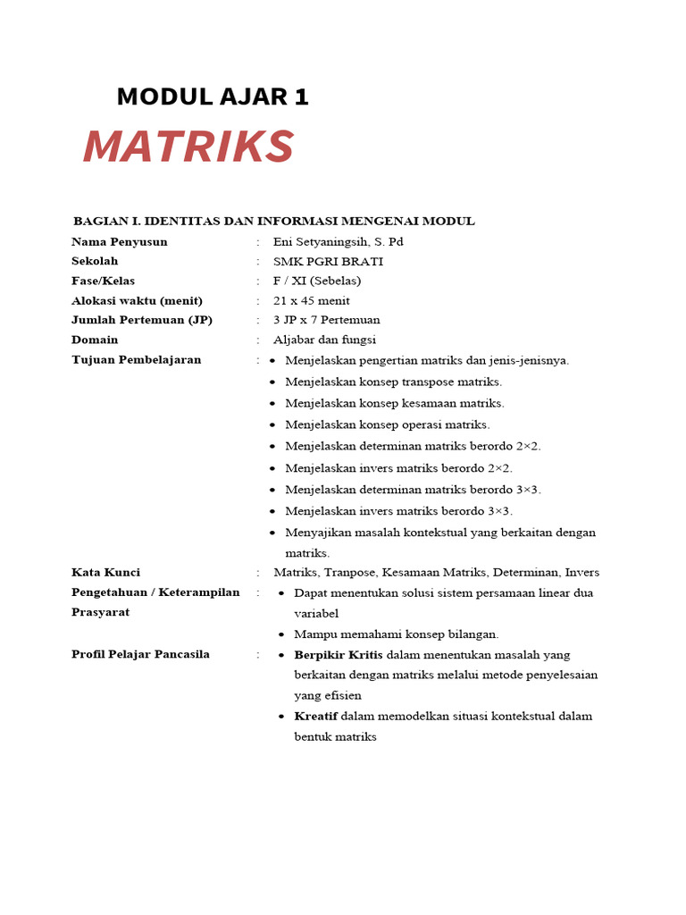 Ma 1 - Matriks - Fase F - Matematika | PDF