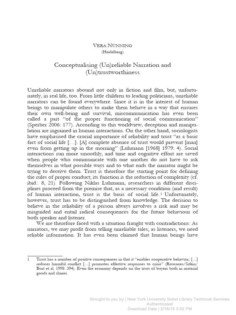 Nunning Conceptualising Unreliable Narration | PDF | Narrative | Human ...