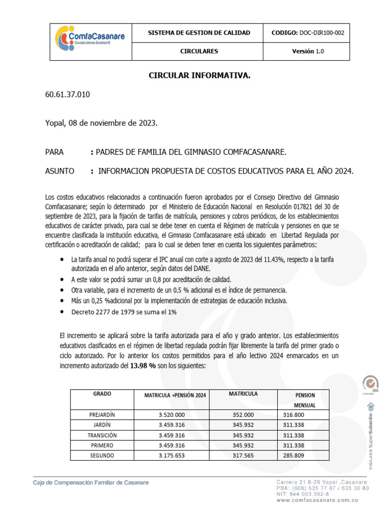 Circular Informativa.: Sistema de Gestion de Calidad CODIGO: DOC-DIR100-002 Circulares Versión 1 ...