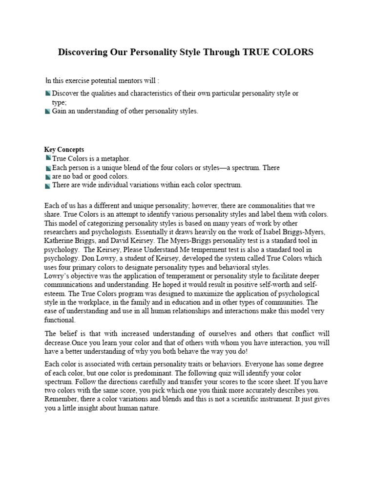 True - Colors - Test For Mentoring Fillable | PDF | Psychology | Social ...
