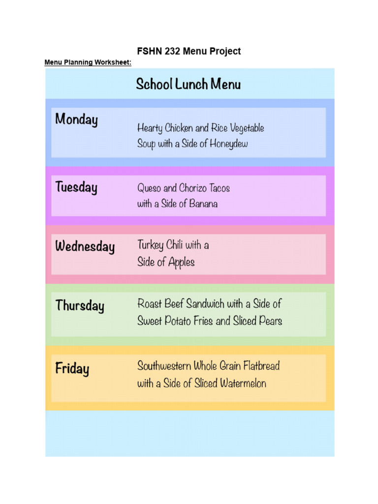 FSHN Menu Project | PDF | Stock (Food) | Coleslaw