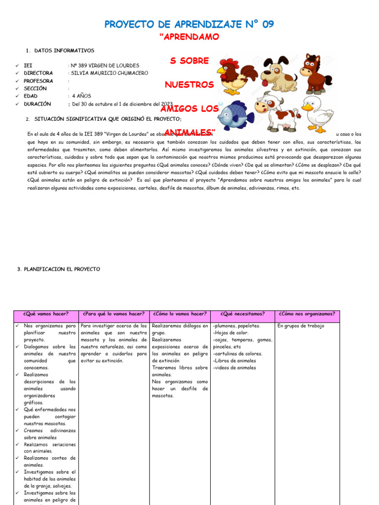 PROYECTO DE APRENDIZAJE Los Animales | PDF | Evaluación | Aprendizaje