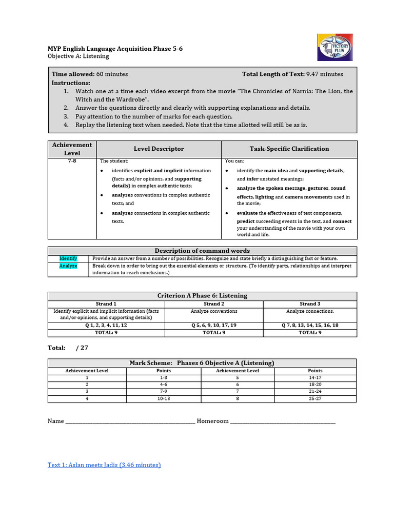 2324 G7 Unit 2 Narnia Summative A Phase 5-6 | Download Free PDF | Aslan | Human Communication