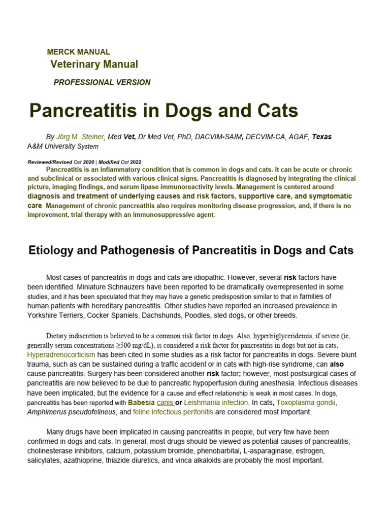 Pancreatitis in Dogs and Cats - Digestive System - Merck Veterinary Manual | PDF | Pancreas ...
