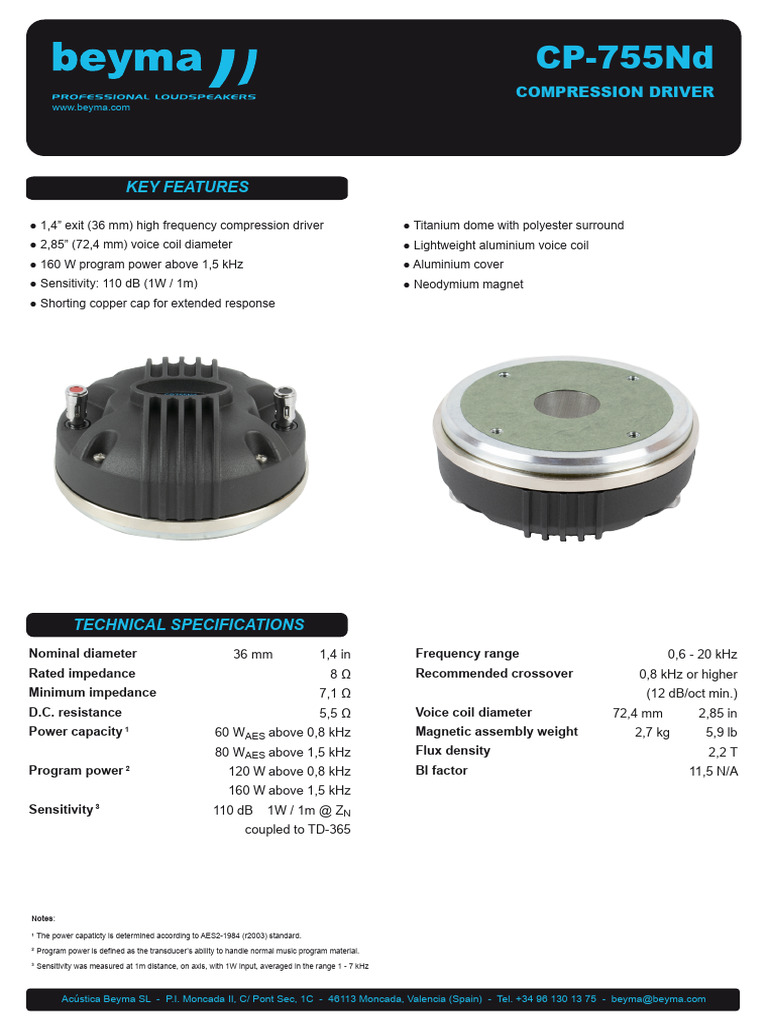 Beyma Speakers Data Sheet Compression Driver CP755Nd | PDF ...