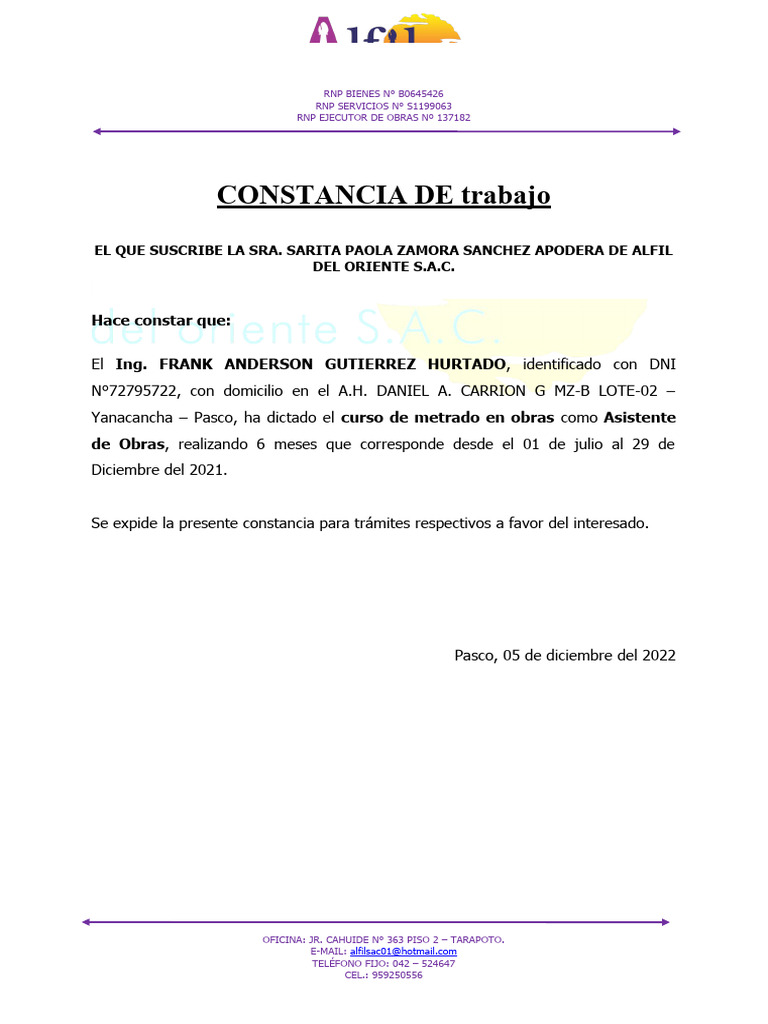 MODELO Carta de Presentacion Alfil Sac | PDF