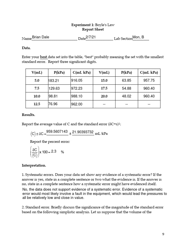 Experiment 1 - Boyle's Law Report Sheet | PDF | Uncertainty | Error