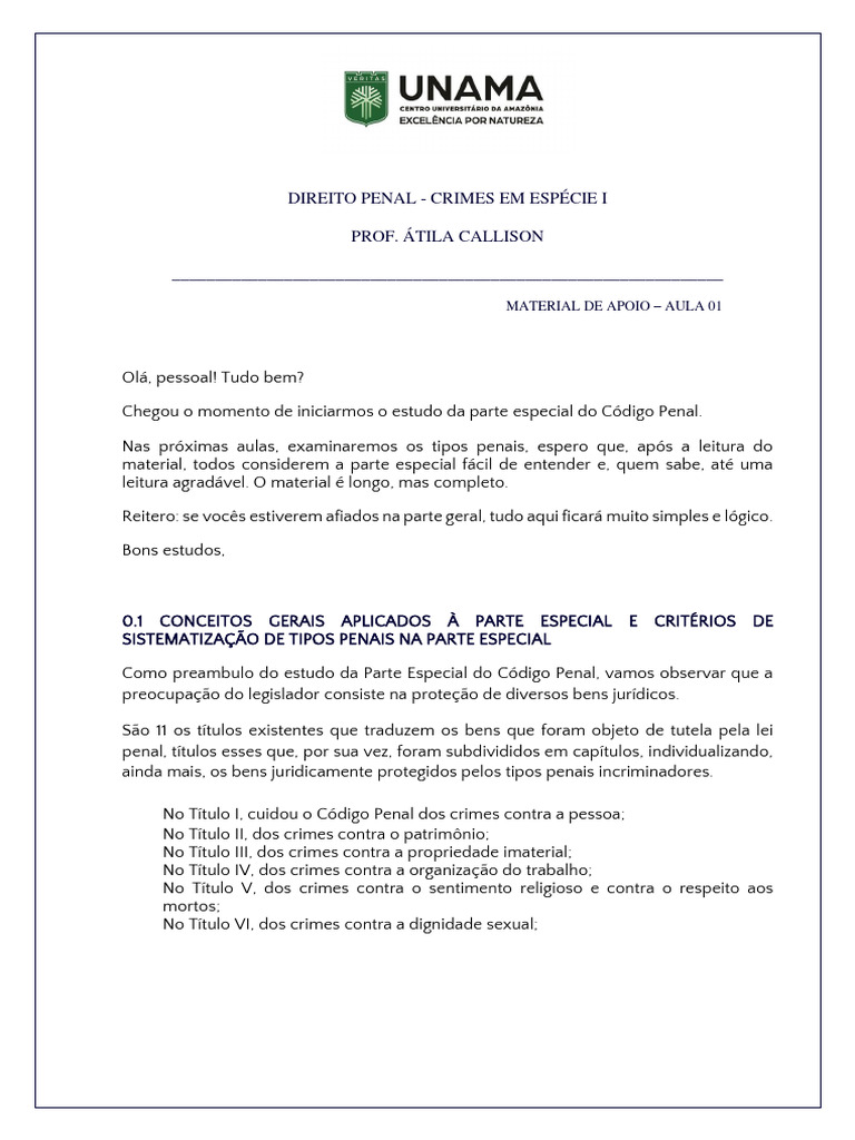 Material de Apoio - Aula 01 | PDF | Homicídio | Crimes