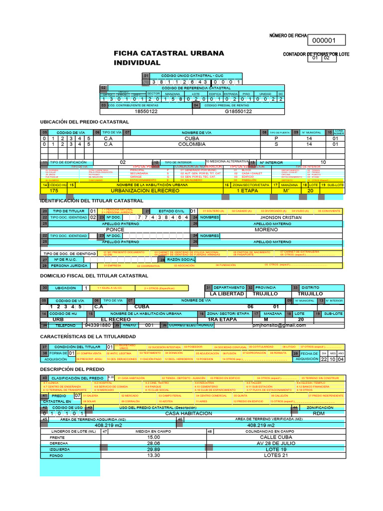Ficha Catastral Urbana Individual Lote 20 | PDF