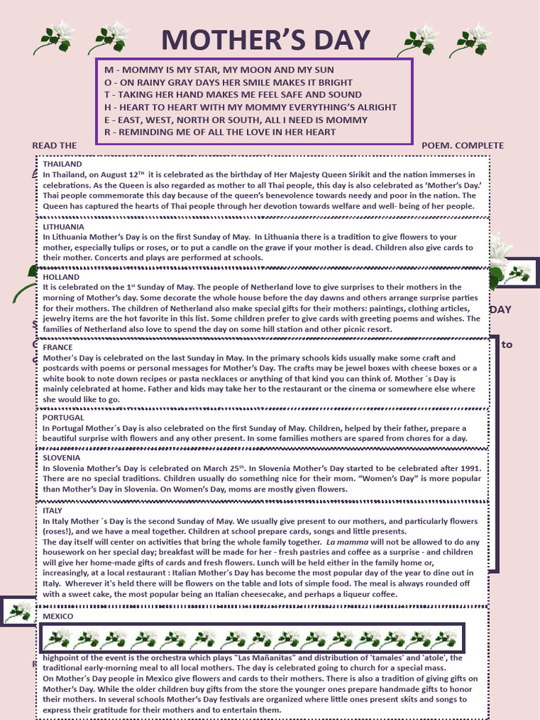 Mothers Day Reading Comprehension Exercises - 5206 | PDF
