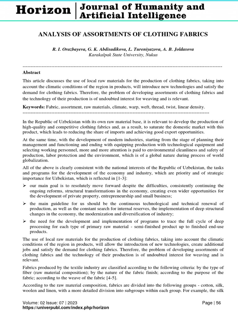 56-58 Analysis of Assortments of Clothing Fabrics | PDF | Textiles | Weaving