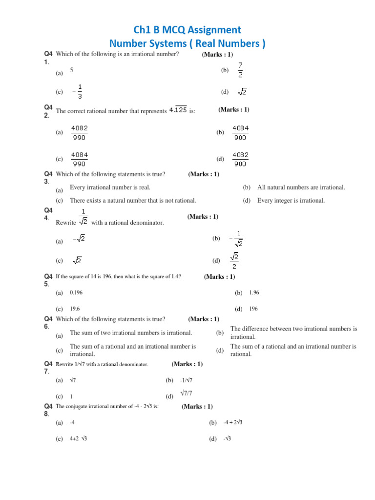 Number Systems MCQ Assignment | PDF | Rational Number | Numbers