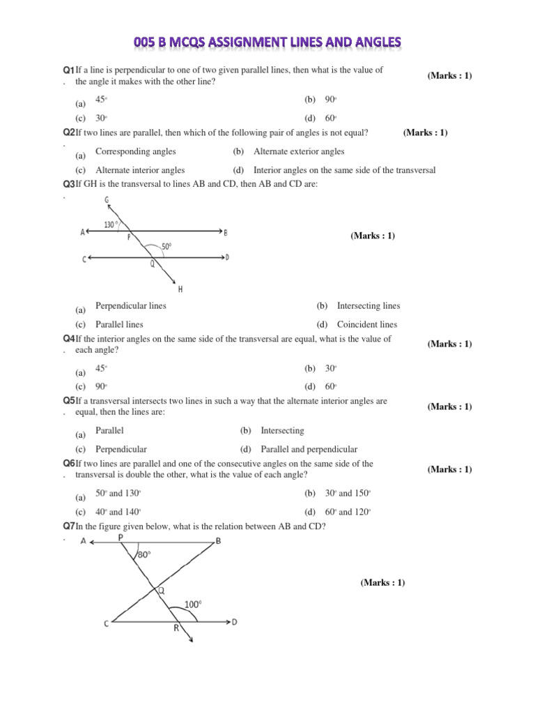 005 B MCQ Assignment Lines Angles | PDF | Geometric Shapes | Euclidean Plane Geometry