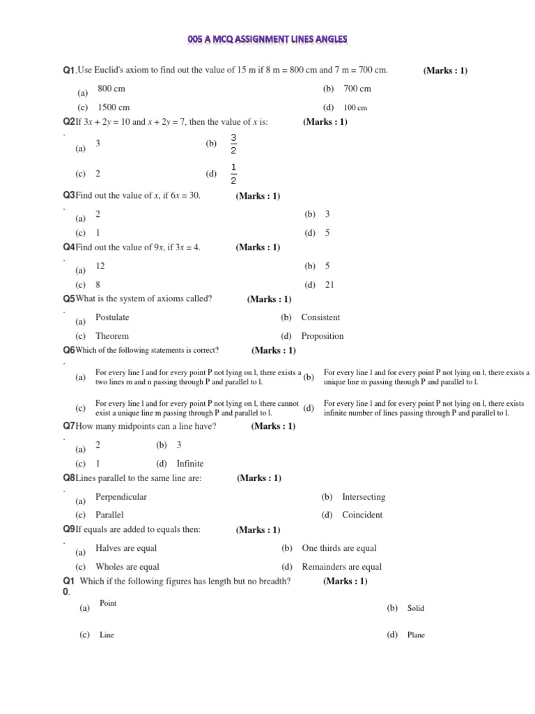 005 A MCQ Assignment Lines Angles | PDF | Axiom | Theorem