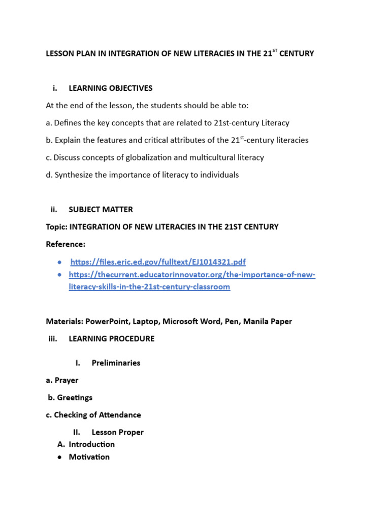 LESSON PLAN IN INTEGRATION OF NEW LITERACIES IN THE 21ST CENTURY (Edit ...