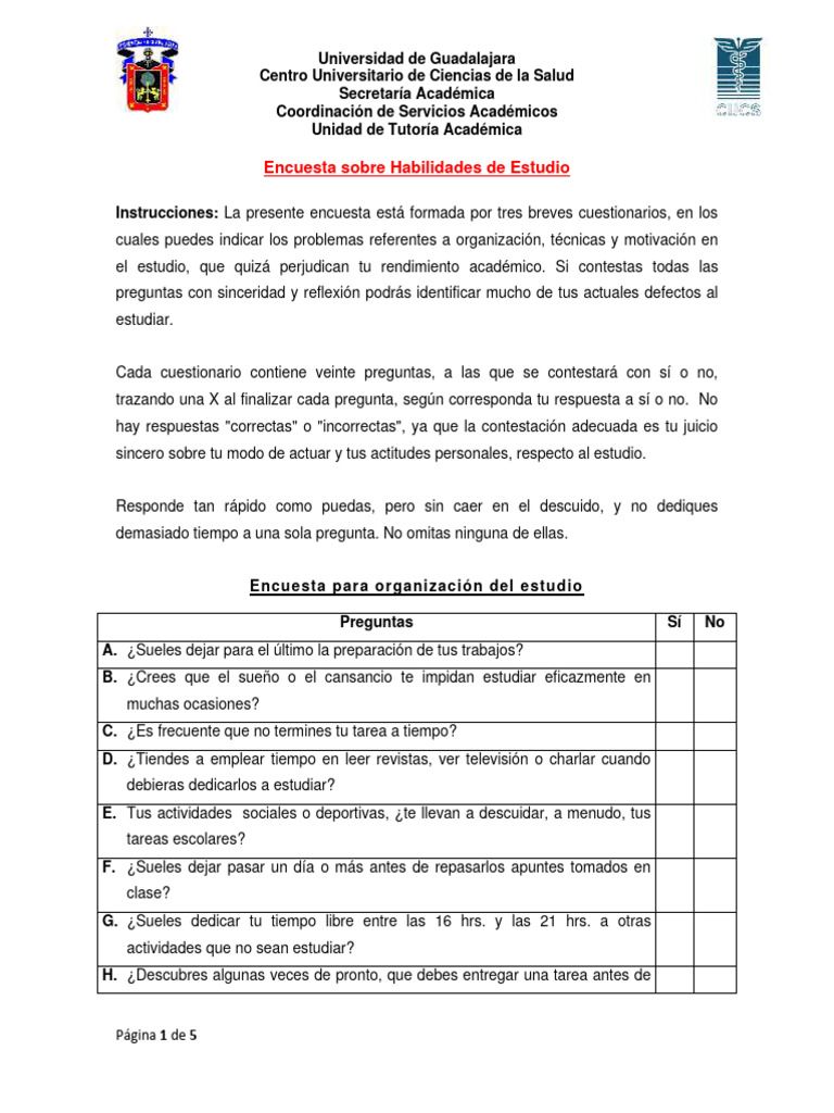 Encuesta Habilidades de Estudio. Cuadernillo de Preguntas | PDF ...