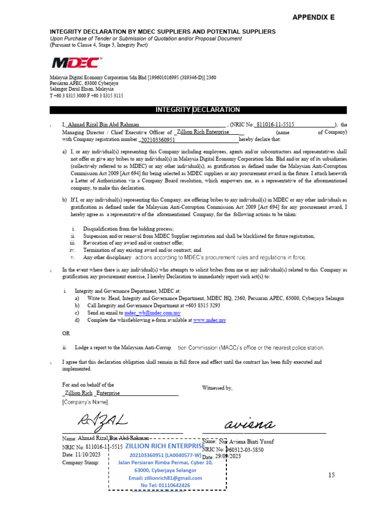 MDEC Integrity Declaration for Suppliers | PDF | Governance | Justice