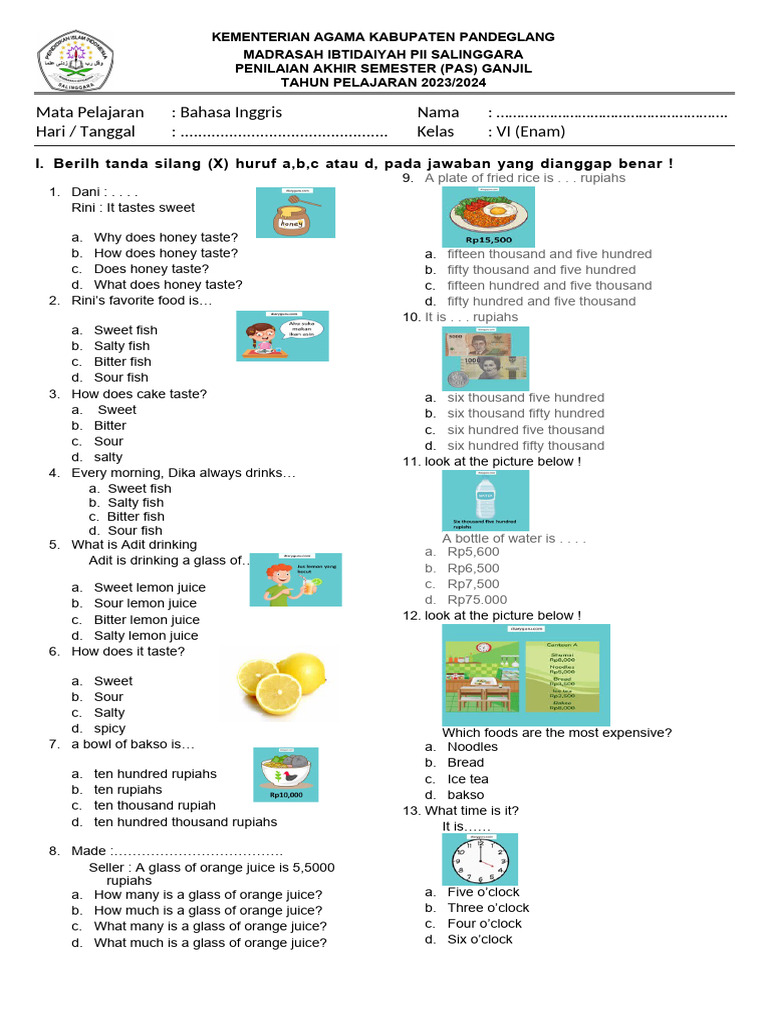 Soal Pas Kls 6 Bahasa Inggris Pdf Taste Food And Drink Preparation