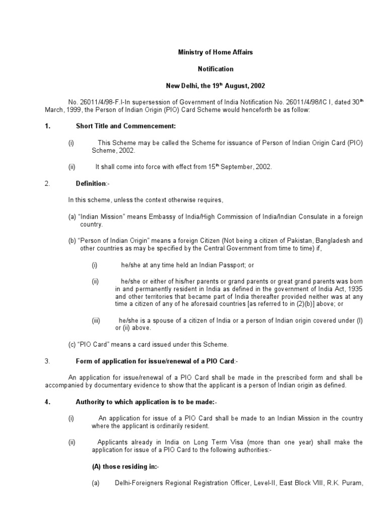 PIO Card Scheme Guidelines 2002 | PDF | Government And Personhood | Justice