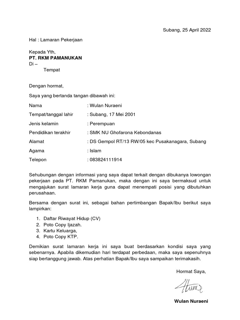 Surat Lamaran Kerja Wulan Nuraeni | PDF