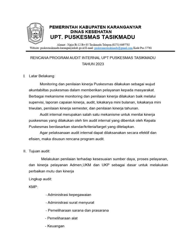 Rencana Audit Internal Puskesmas 2023 | PDF | Bisnis