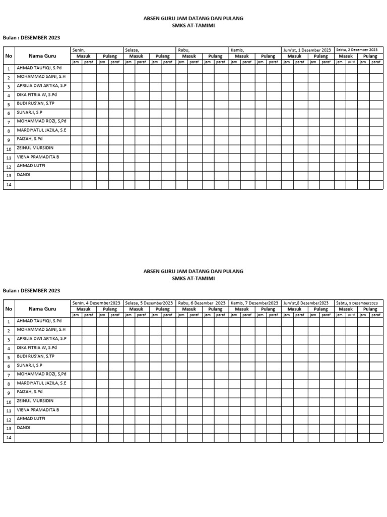 Absen Guru Jam Datang Dan Pulang Desember | PDF