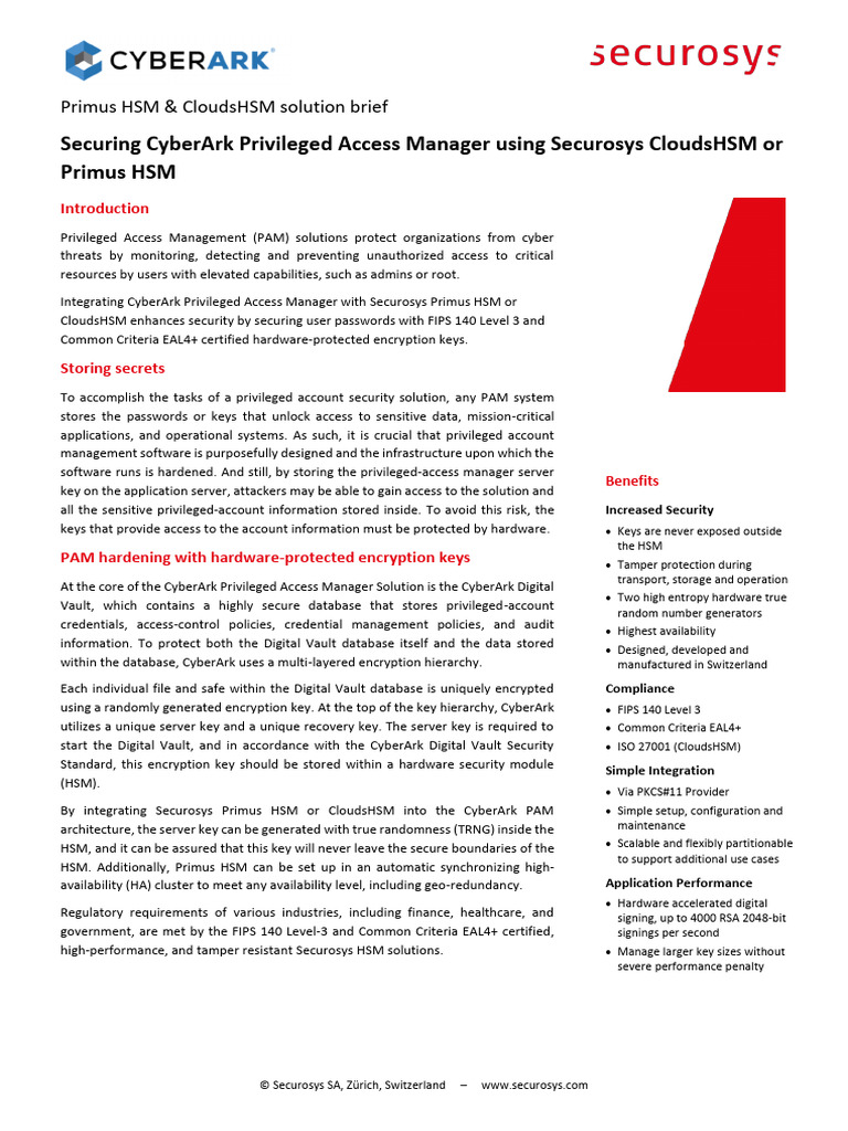 Securing Cyberark Privileged Access Manager Using Securosys Cloudshsm or Primus HSM | PDF | Key ...