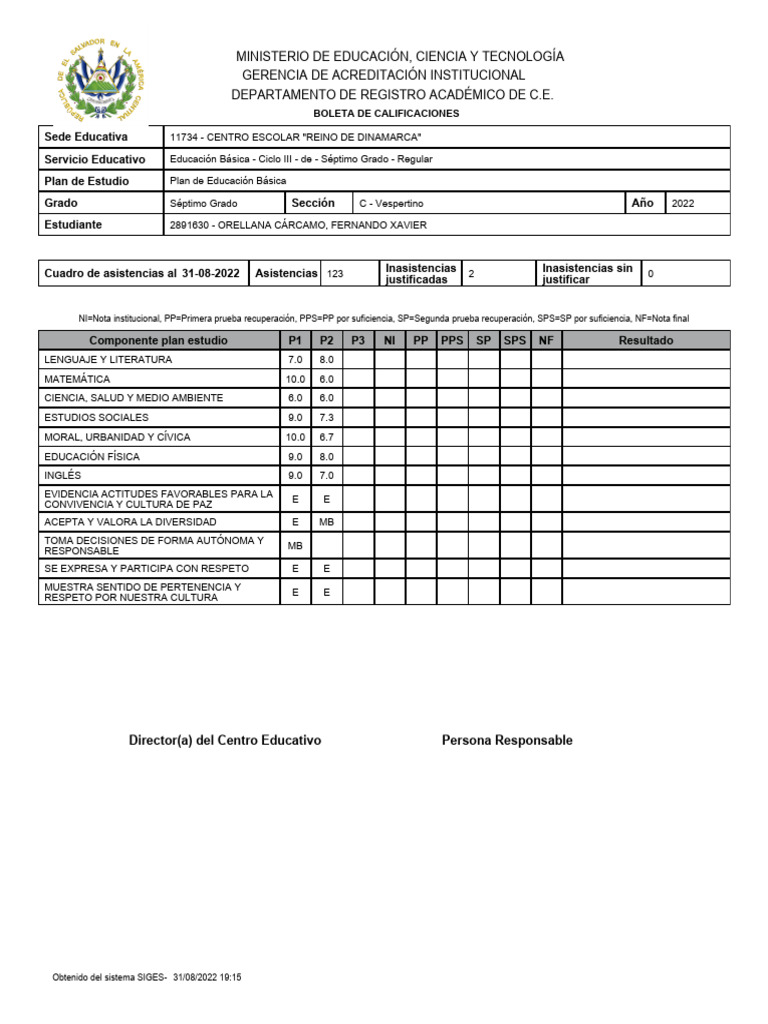 7C Boleta de Notas de Xavier | PDF | Educación primaria | Dinamarca