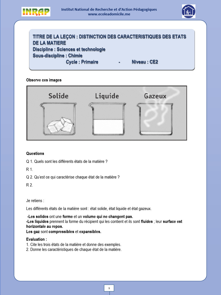 Chimie - Ce2 - Identification Des Caracteristiques Des Etats de La ...