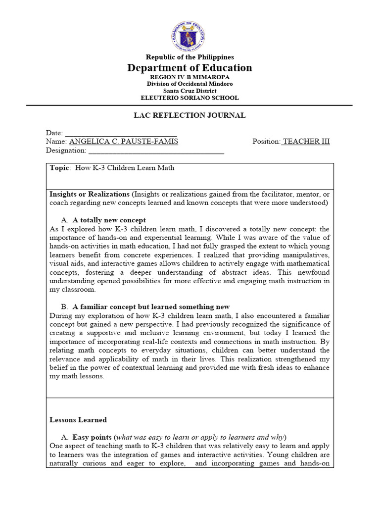 Reflection Journal Lac | PDF | Learning | Teaching Mathematics