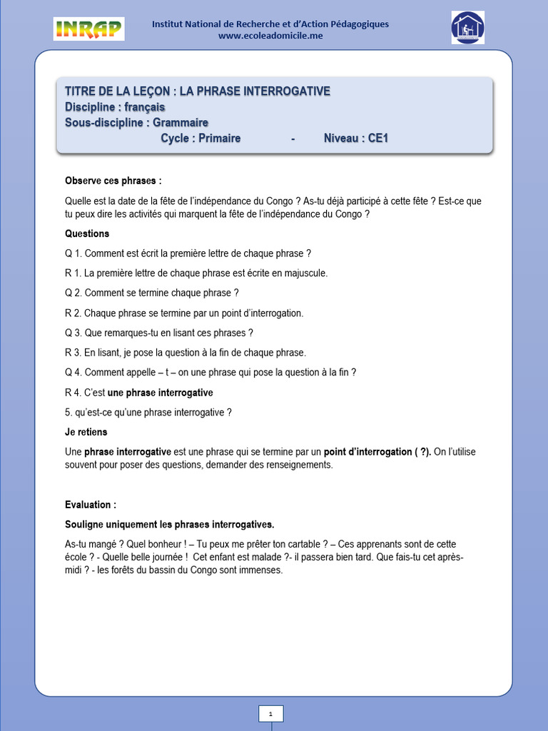 Franc - Ce1 - La Phrase Interrogative | PDF