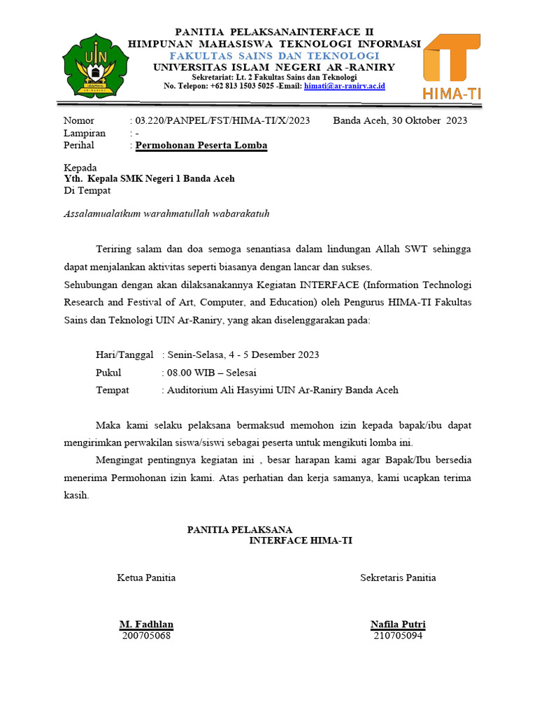 Surat Permohonan Peserta Lomba | PDF