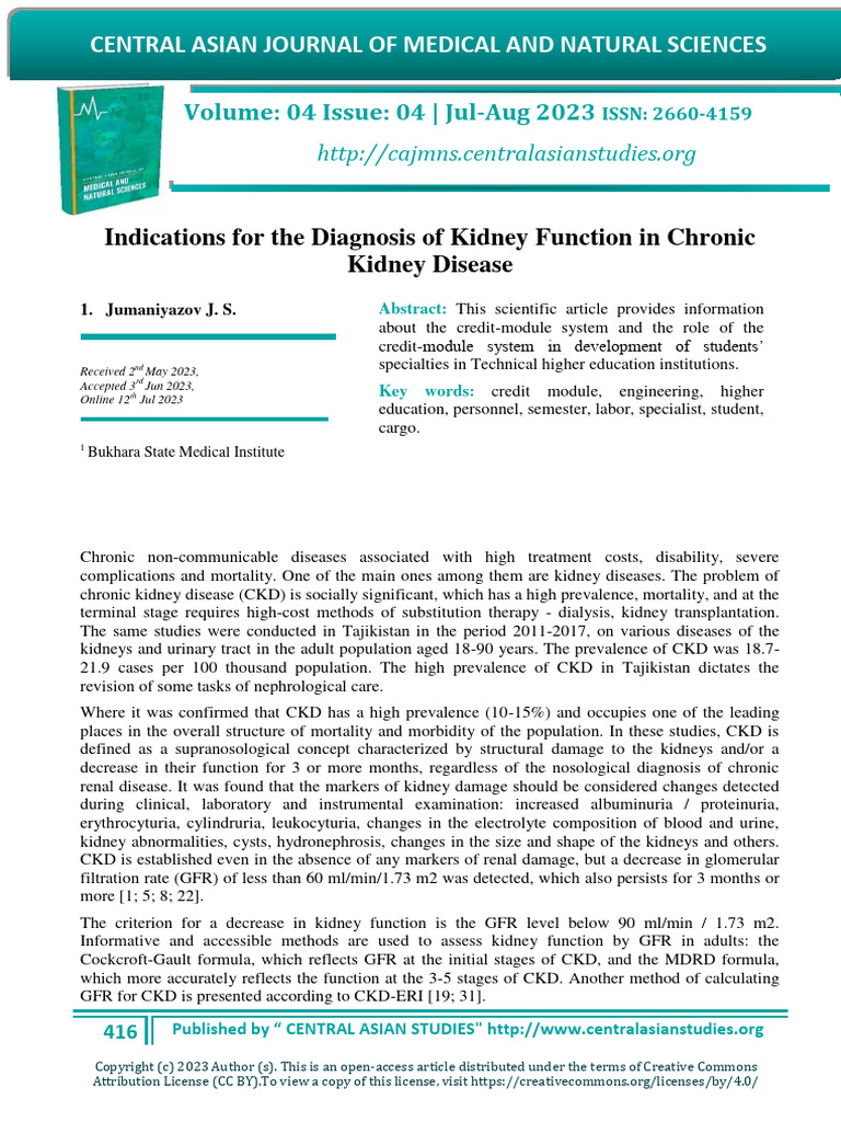 Indications For The Diagnosis of Kidney Function in Chronic Kidney Disease | PDF | Chronic ...