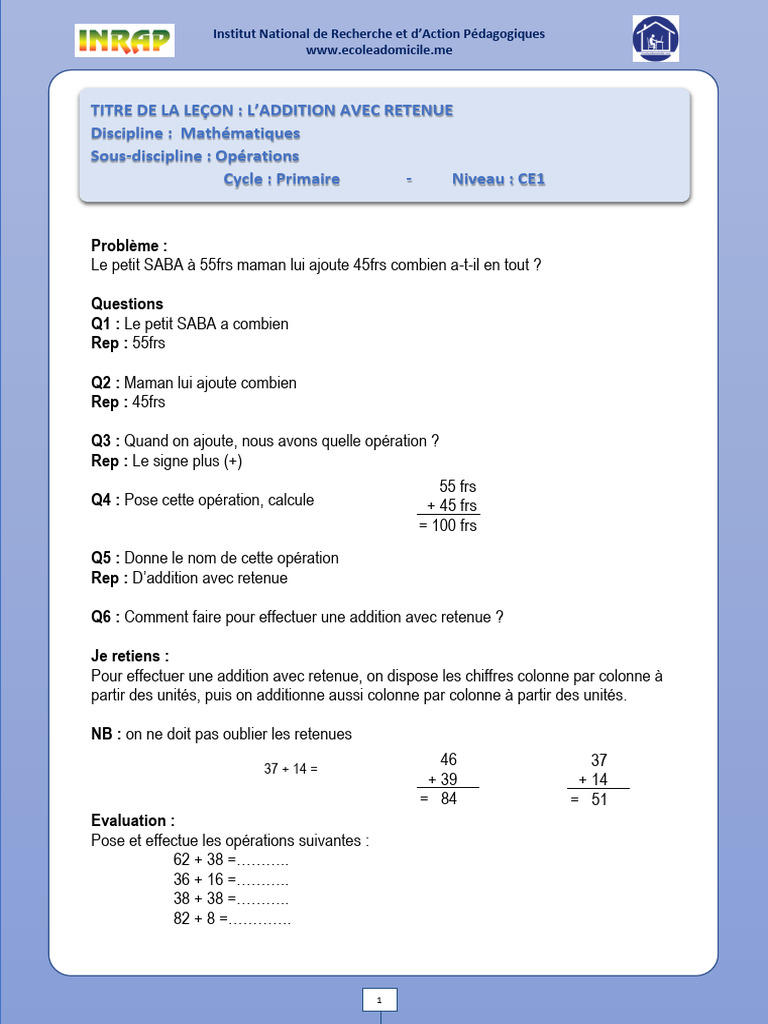 Maths - Ce1 - Laddition Avec Retenue | PDF