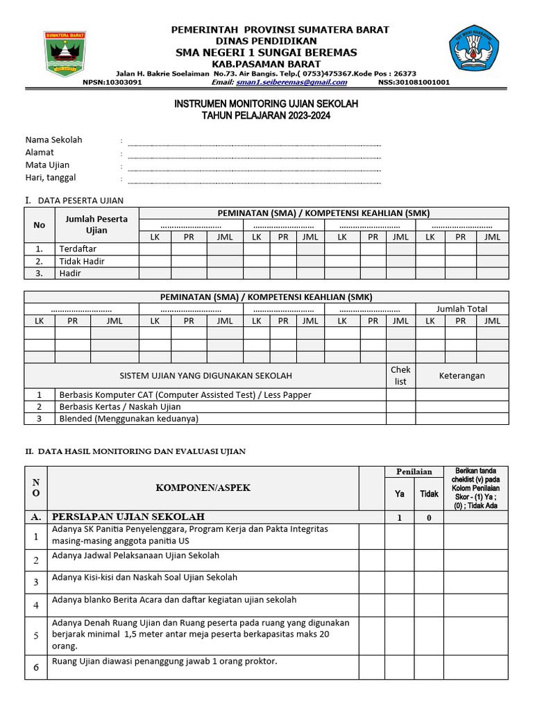 INSTRUMEN MONITORING UJIAN SEKOLAH - Monev - 2023 | PDF