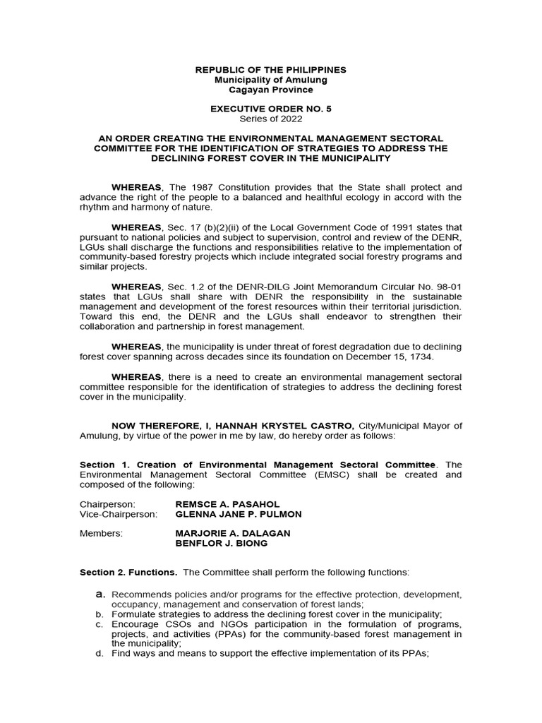 EXECUTIVE ORDER Declining Forest Cover | PDF | Environmental Resource ...